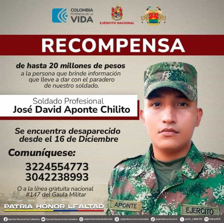 20 millones de pesos por información de soldado José David Aponte ...